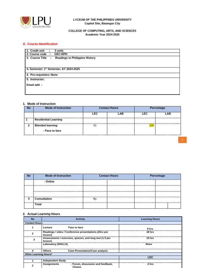 GEC RPH Course Plan 2024 2025 1st Sem | PDF