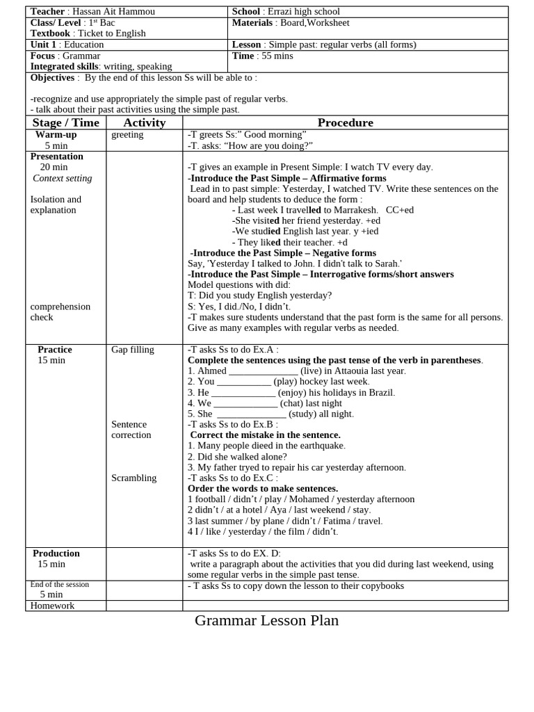 Lesson Plan - Grammar Simple Past Regular Verbs | PDF