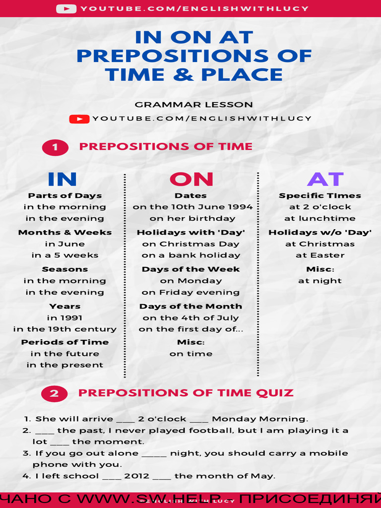 In On At, Prepositions of Time & Place | PDF