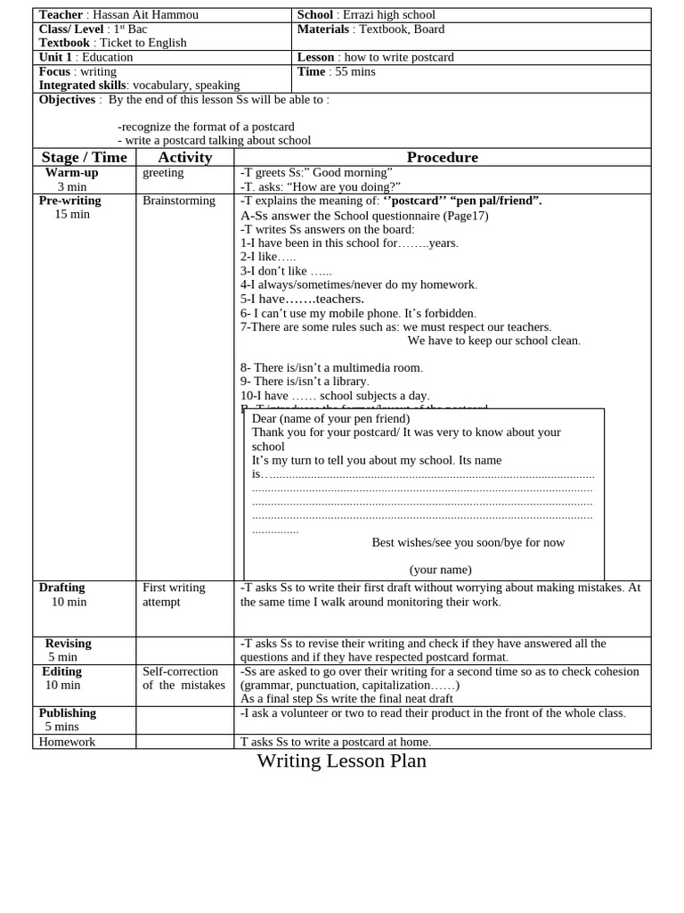 Lesson Plan-Writing Postcard | PDF