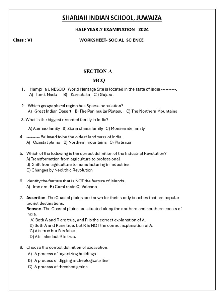 Ind Sst-Half Yearly Revision Worksheet | PDF | Travel