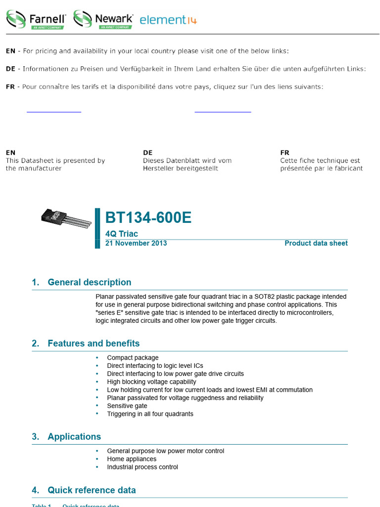 BT134 600E Datasheet | PDF