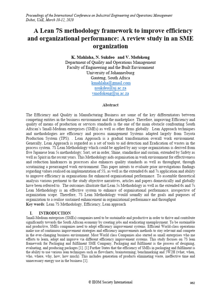 A Lean 7S Methodology Framework To Improve Efficiency | PDF