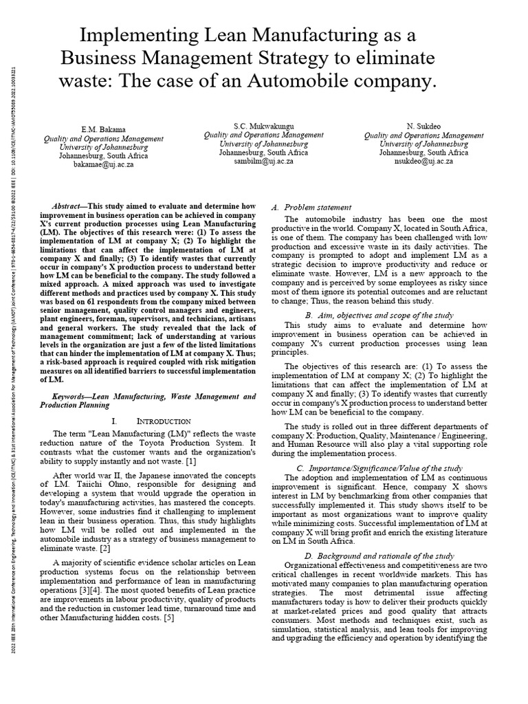 Implementing Lean Manufacturing As A Business Management Strategy To Eliminate Waste The Case of ...