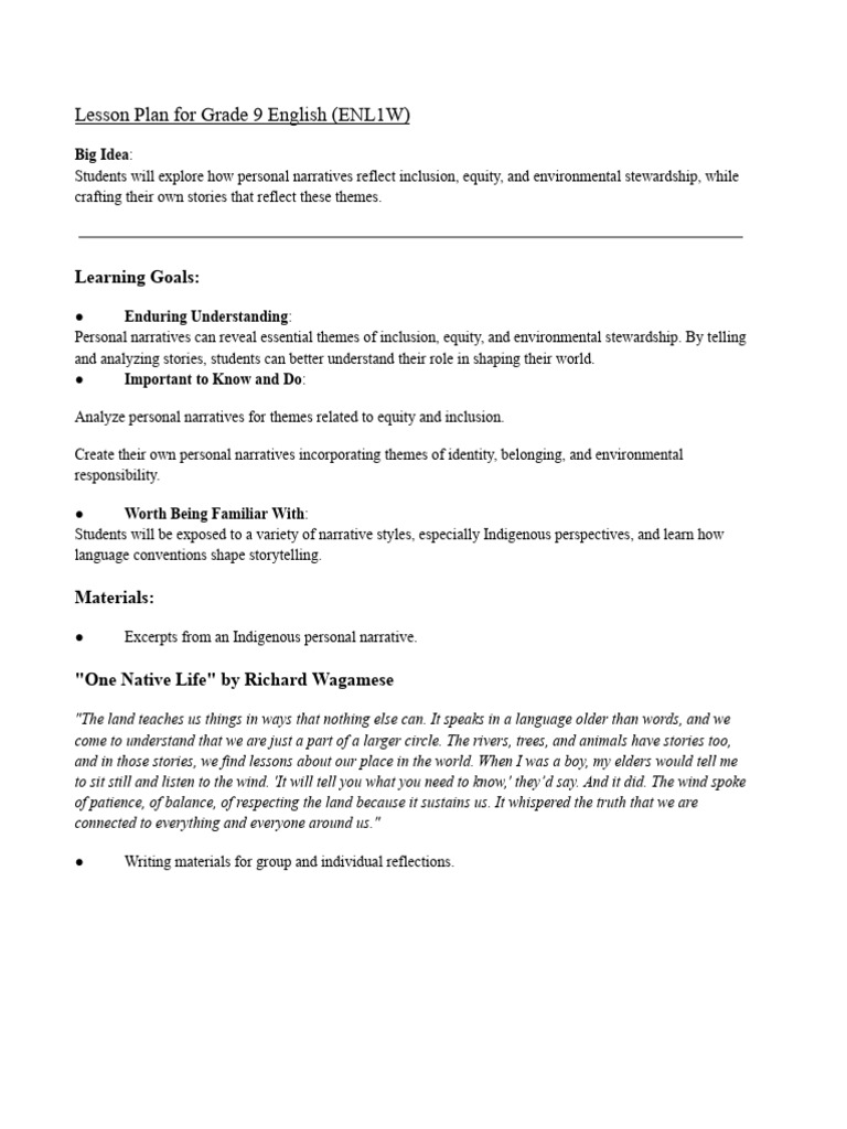 Lesson Plan - Grade 9 English (ENL1W) | PDF