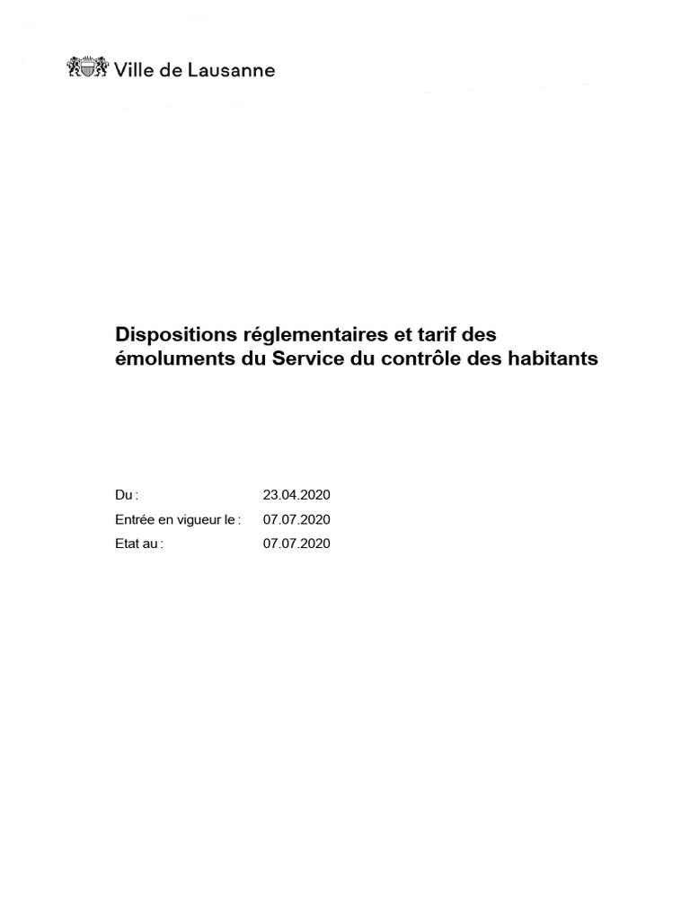 Règlement Et Tarif Des Émoluments Du Contrôle Des Habitants | PDF