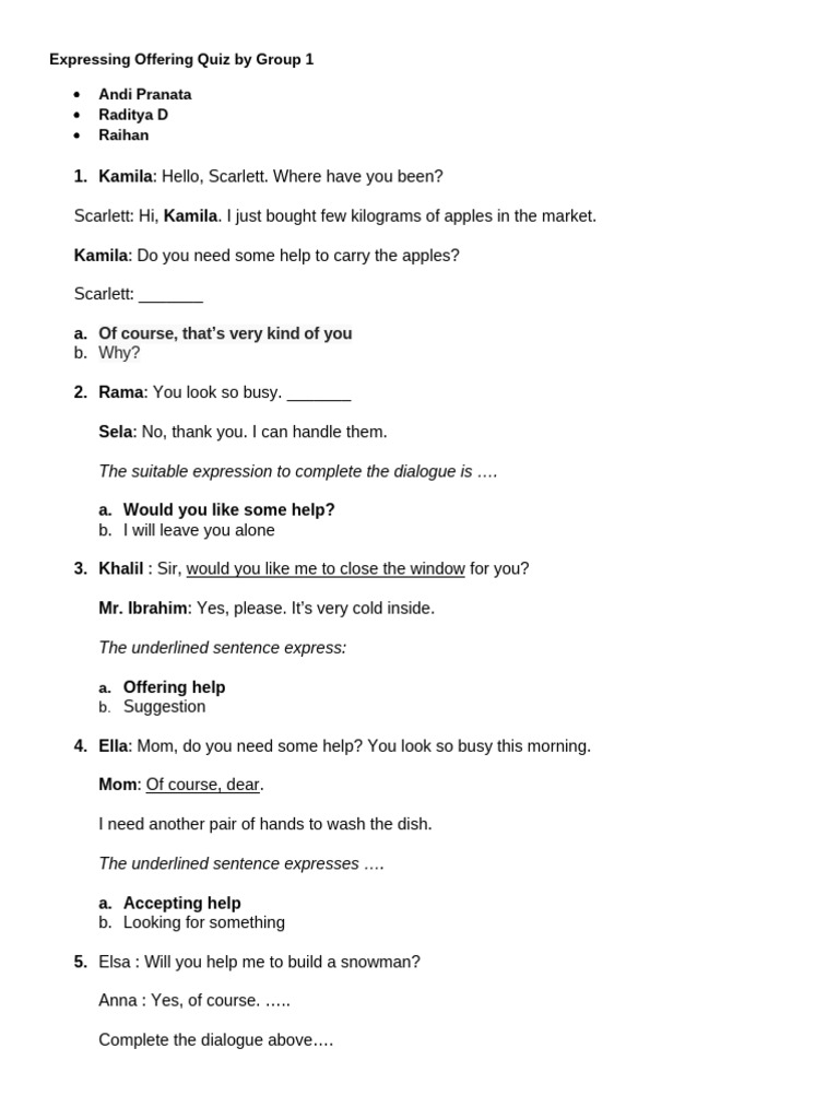 Expressing Offering Quiz (Group 1) | PDF