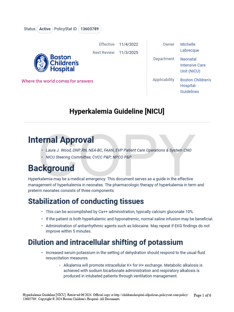 Hyperkalemia Guideline NICU | PDF