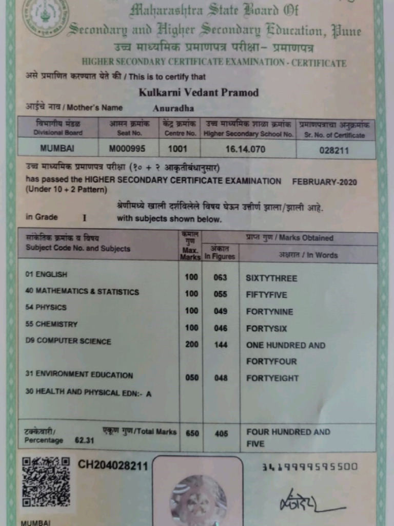 12 Marksheet Vedant | PDF