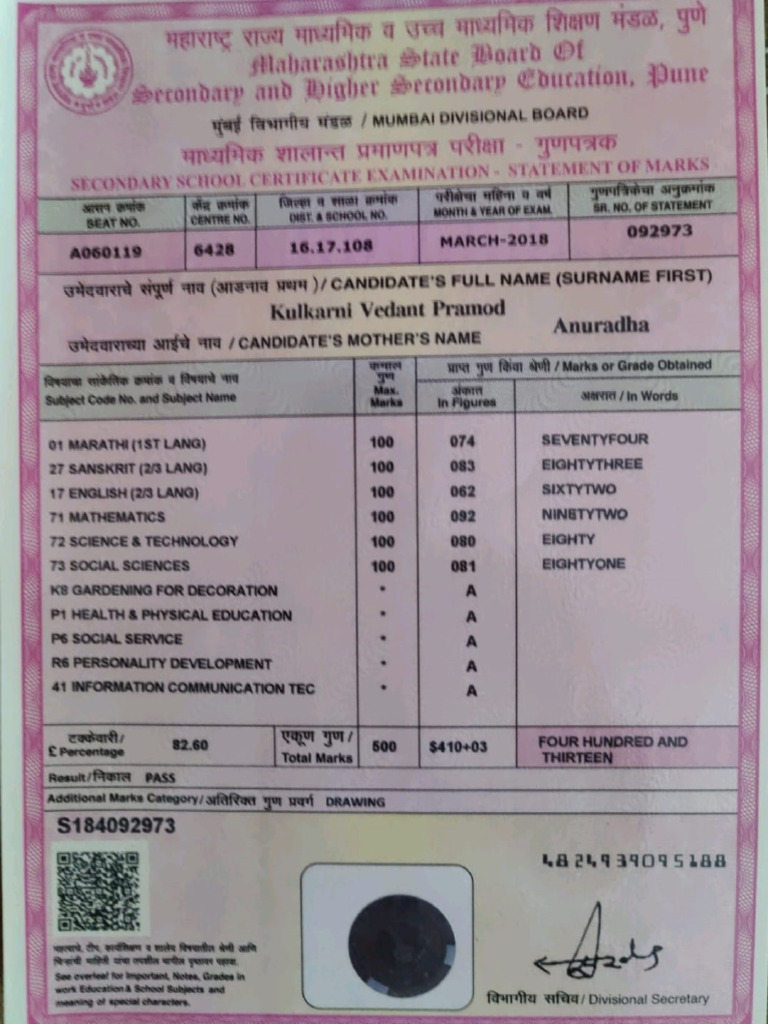 10 Marksheet Vedant | PDF