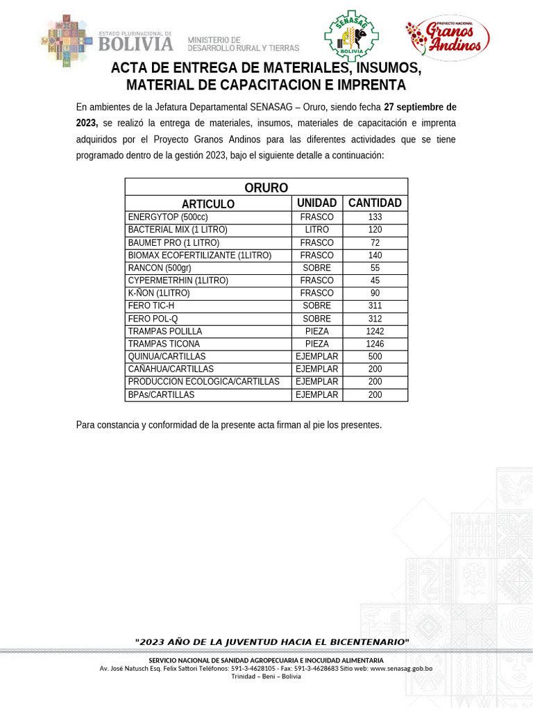 ACTA SOLICITUD DE MATERIAL ORURO | PDF