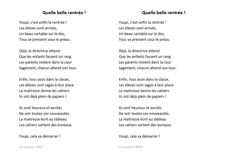 S1 CE2 Poeme Quelle Belle Rentree (1) | PDF