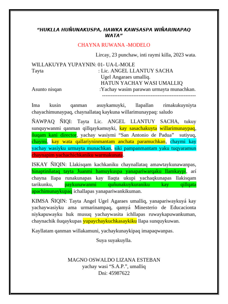Carta en Quechua Modelo | PDF