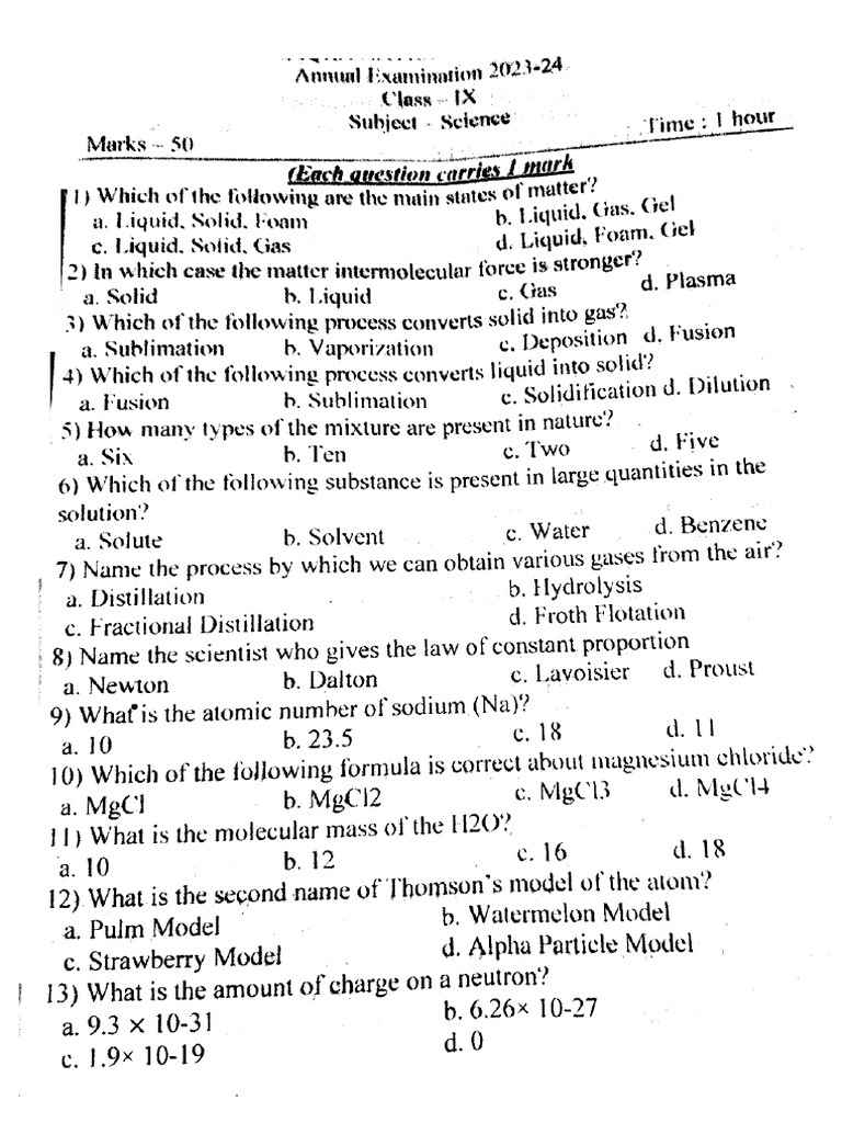 Class 9 Science 220524 2024 | PDF