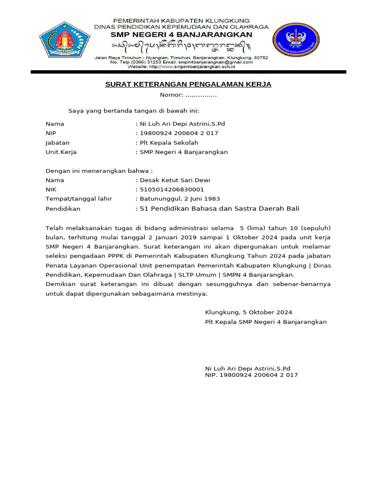 Lampiran IV - FORMAT SURAT KETERANGAN PENGALAMAN KERJA - DESAK KETUT SARI DEWI | PDF