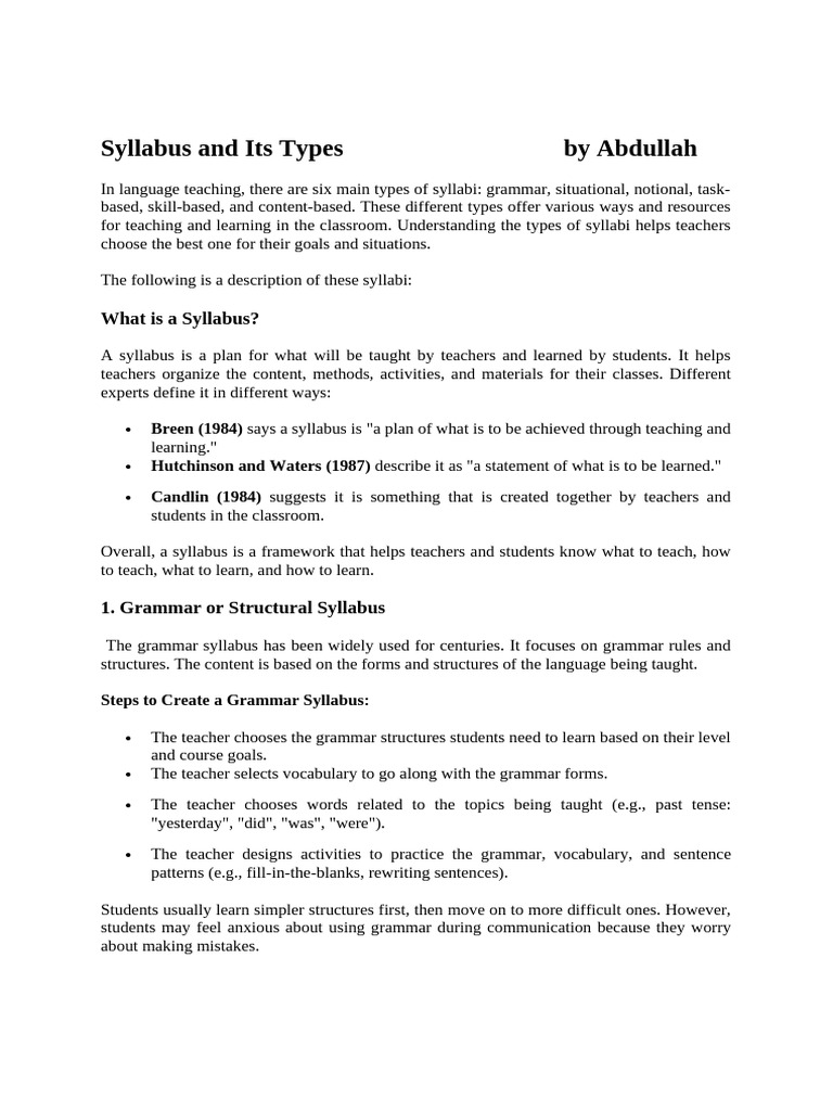 Types of Language Syllabi Explained | PDF | Teachers | Communication