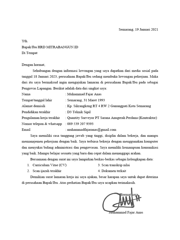 Contoh Surat Lamaran Kerja - Signed | PDF
