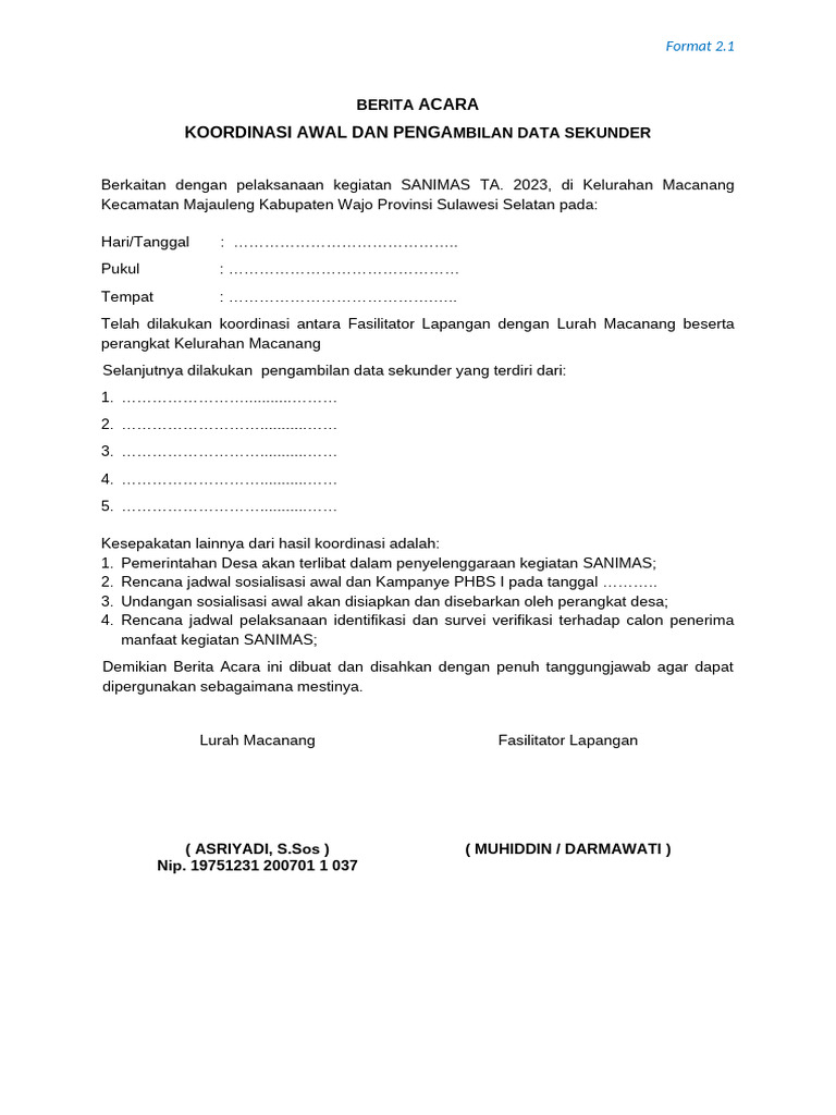 Format 2.1 Berita Acara Koordinasi Awal Dan Pengambilan Data Sekunder | PDF