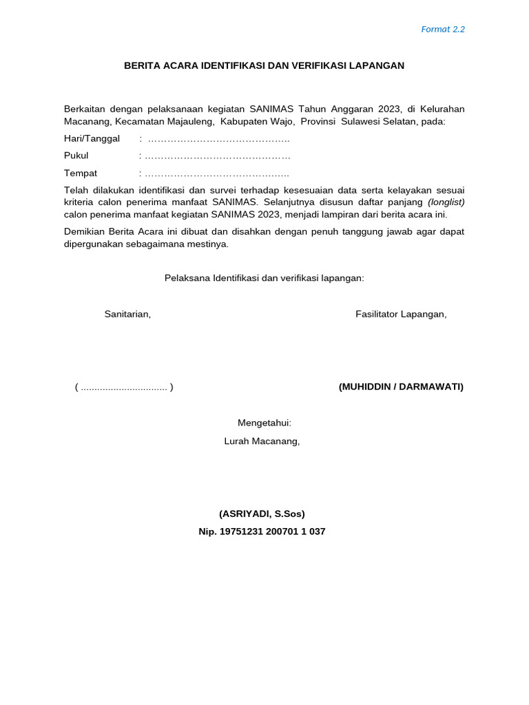 Format 2.4. Berita Acara Identifikasi dan Verifikasi Lapangan | PDF Format 2.4. Berita Acara Identifikasi dan Verifikasi Lapangan | PDF