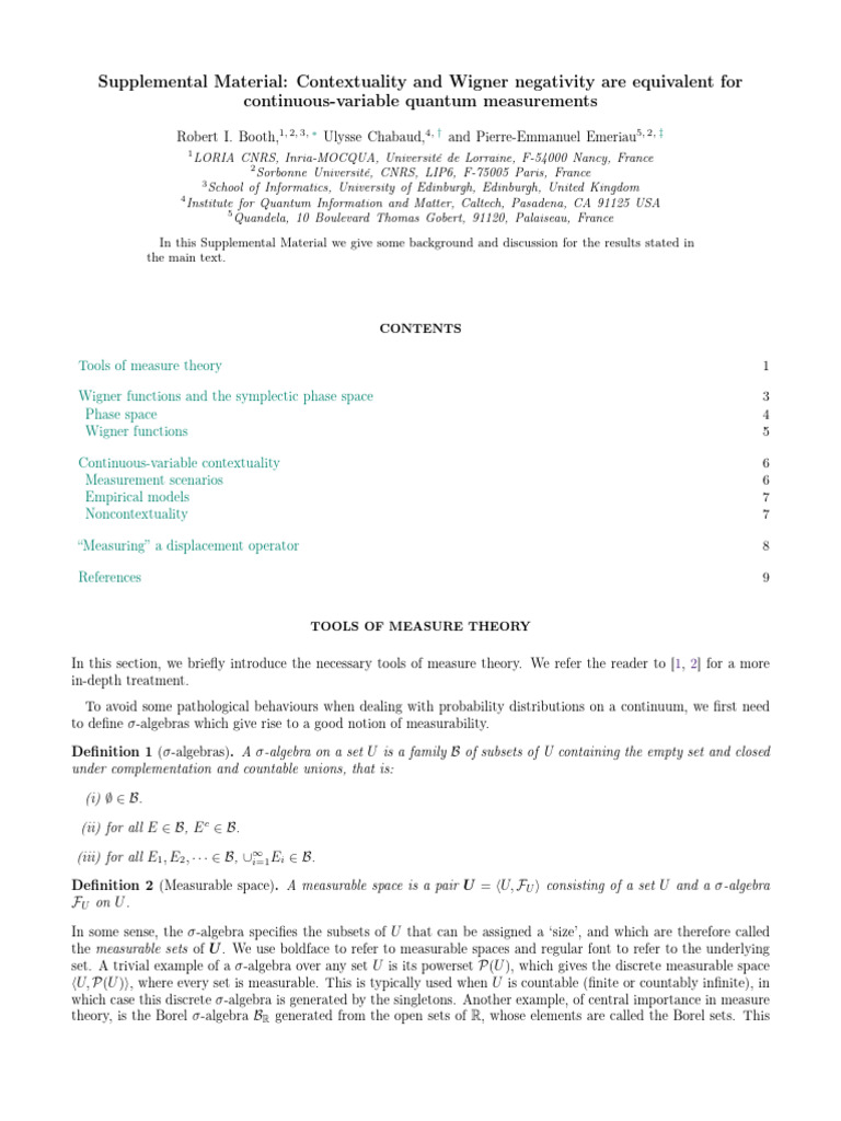 Supplemental Material: Contextuality and Wigner Negativity Are Equivalent For Continuous ...