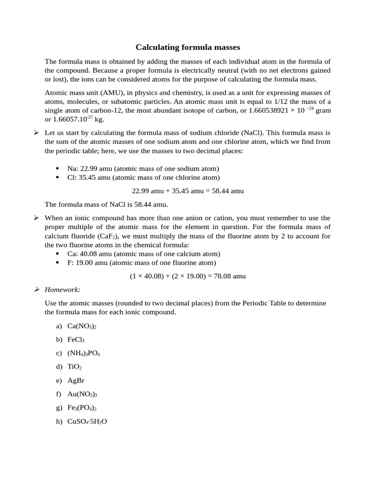 Calculating Formula Masses of Compounds | PDF | Ion | Atoms