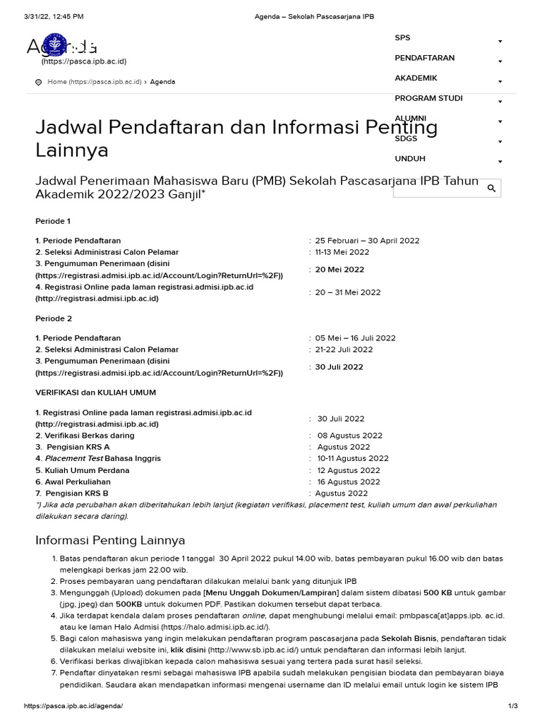 Agenda - Sekolah Pascasarjana IPB | PDF