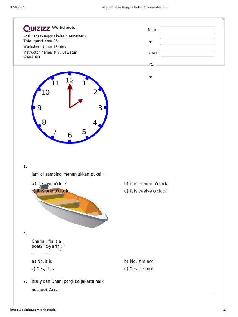 Soal Bahasa Inggris kelas 4 semester 2 _ Quizizz | PDF