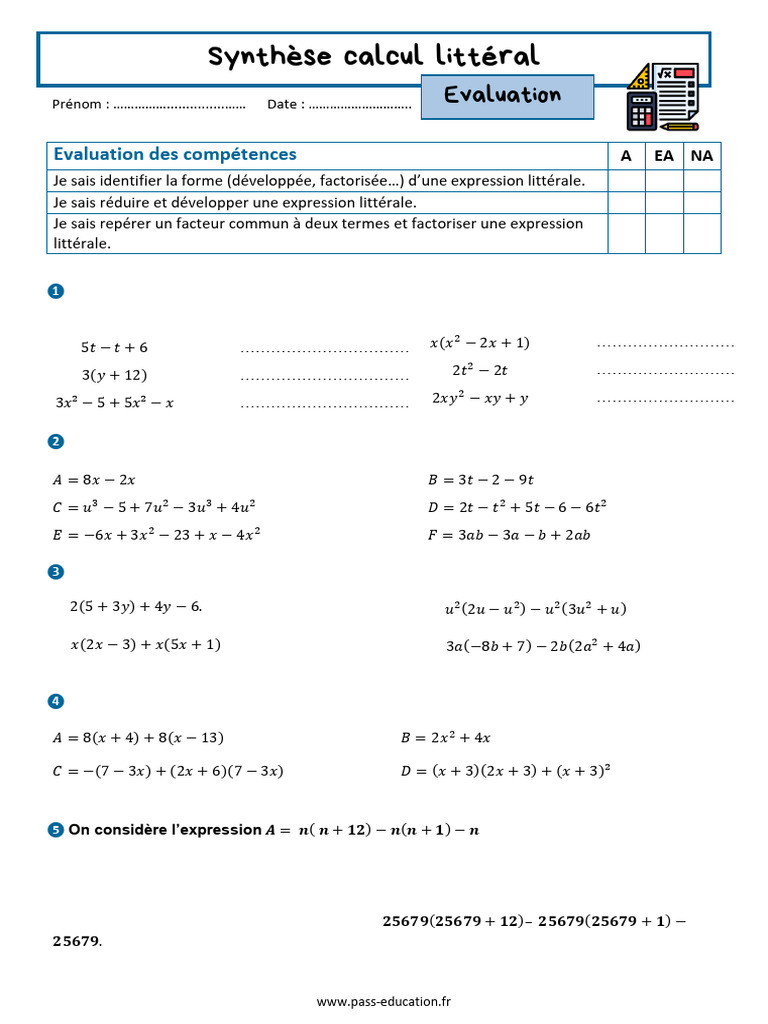 Evaluation 4ème Synthèse Calcul Littéral | PDF