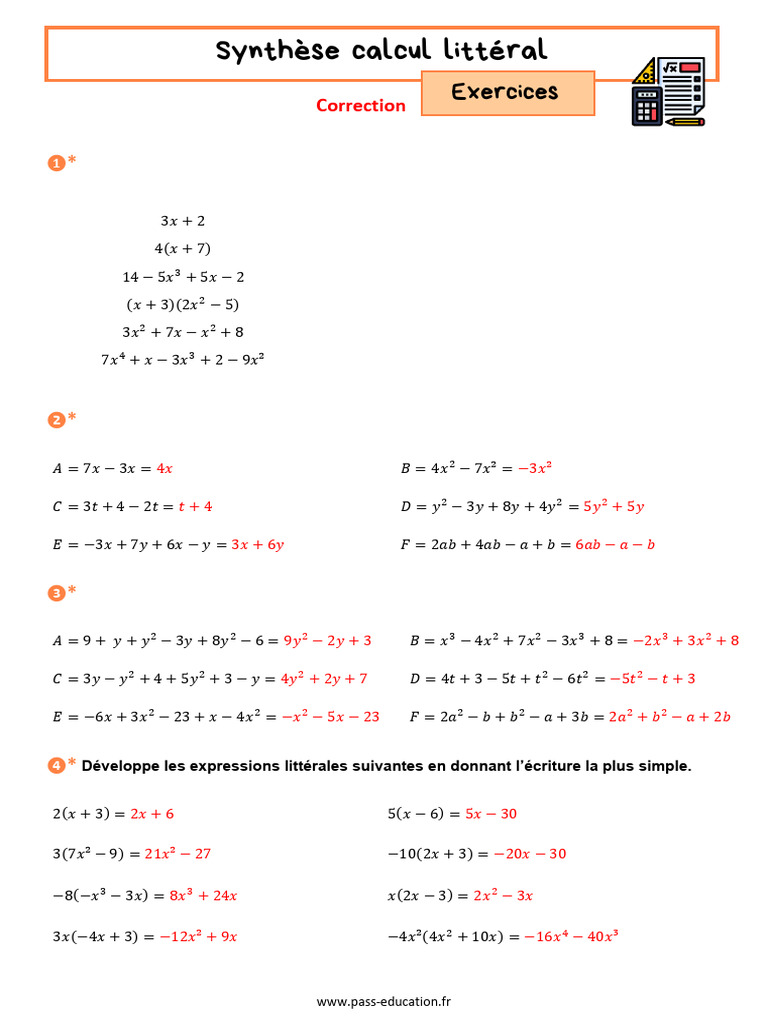 Exercices Correction 4ème Synthèse Calcul Littéral | PDF