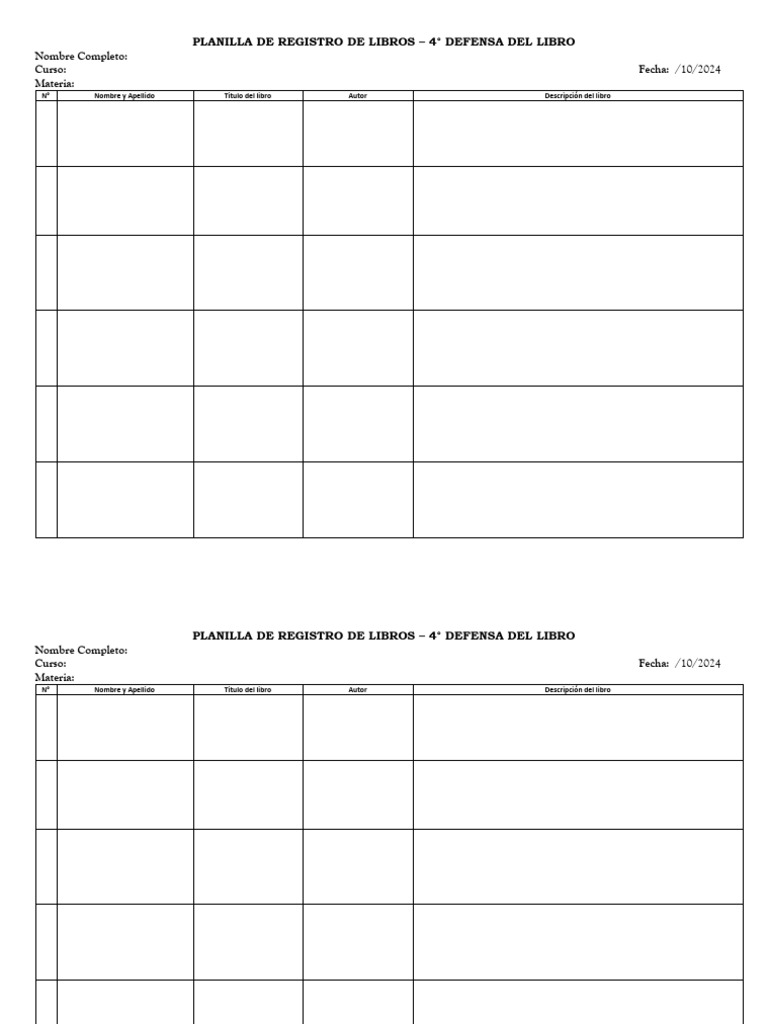 Planilla de Registro de Libros de La 4ta Defensa Del Libro | PDF