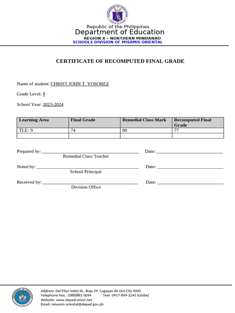 Certificate of Recomputed Grades | PDF