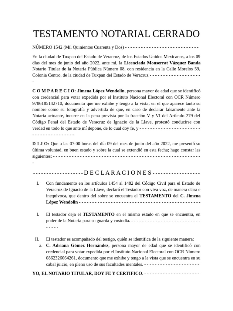 Testamento Notarial Cerrado | PDF