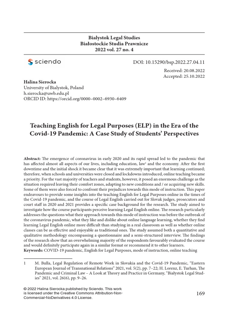 Teaching English For Legal Purposes ELP in The Era | PDF