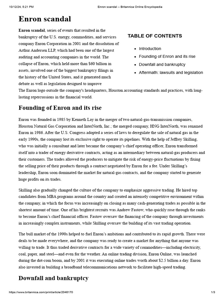Enron Scandal -- Britannica Online Encyclopedia | PDF
