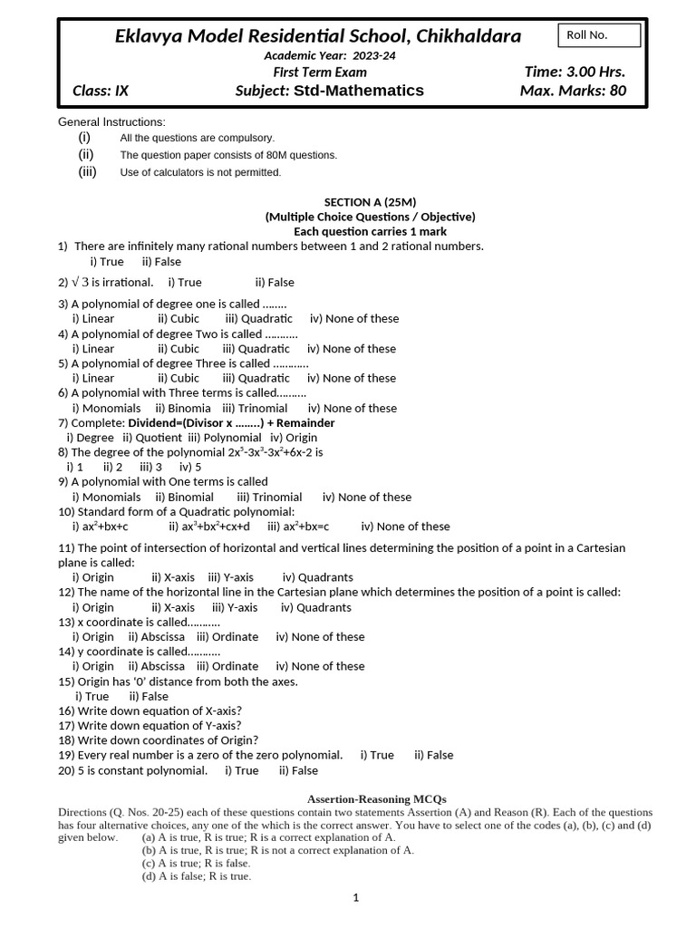 Class 9 Exam Paper Math | PDF | Cartesian Coordinate System | Polynomial