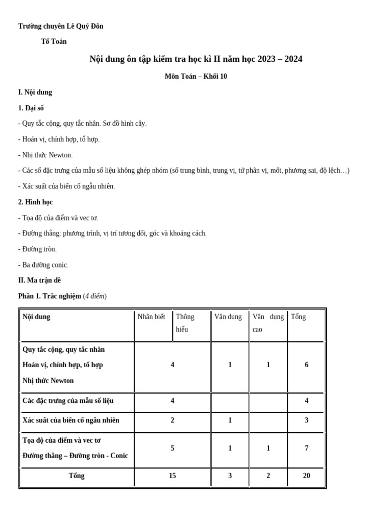 TOAN 10 cuối HKII 2024 1 | PDF
