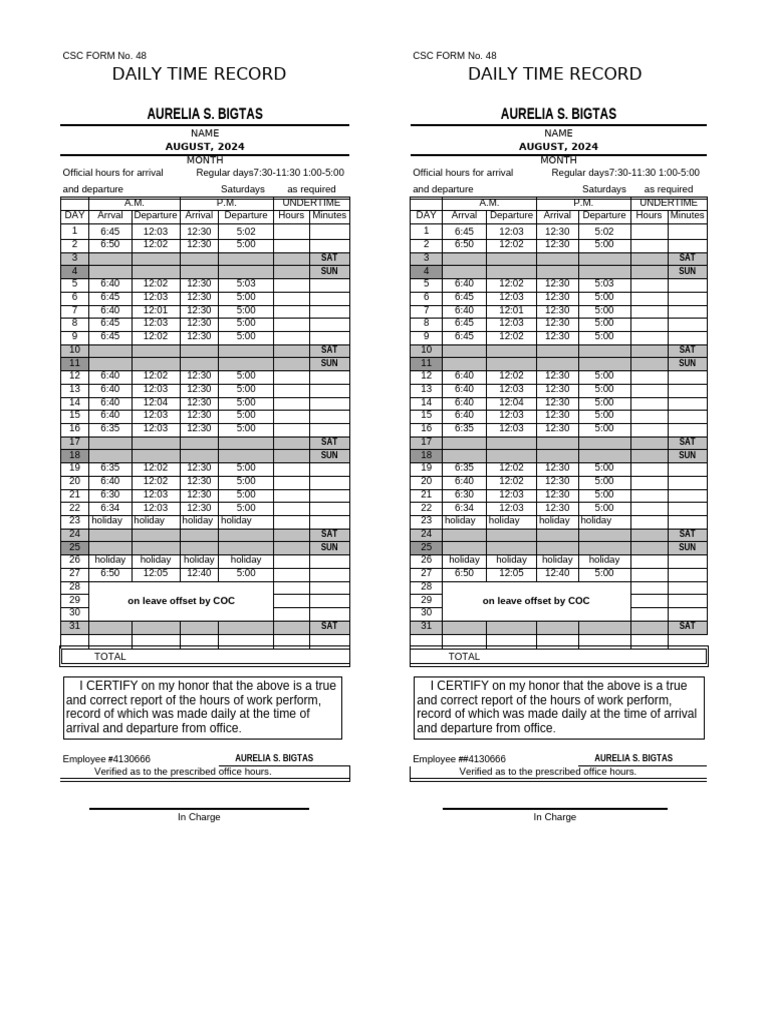August-Bigtas DTR Form | PDF