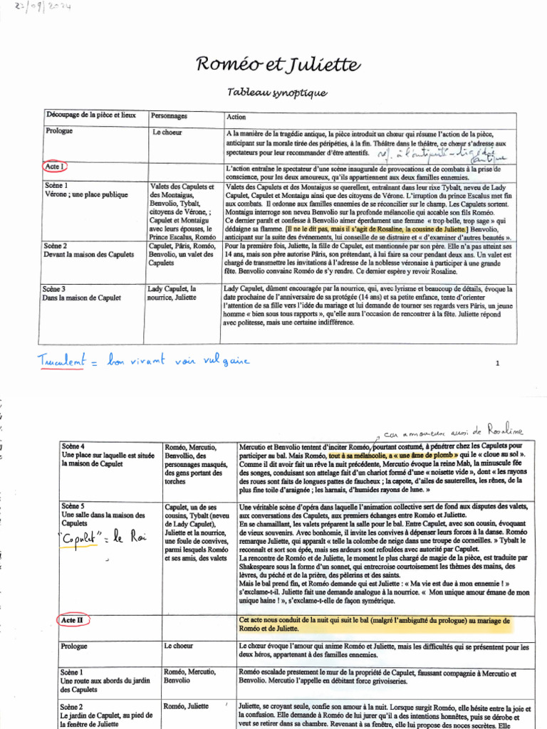 Roméo Et Juliette - Tableau Synoptique | PDF