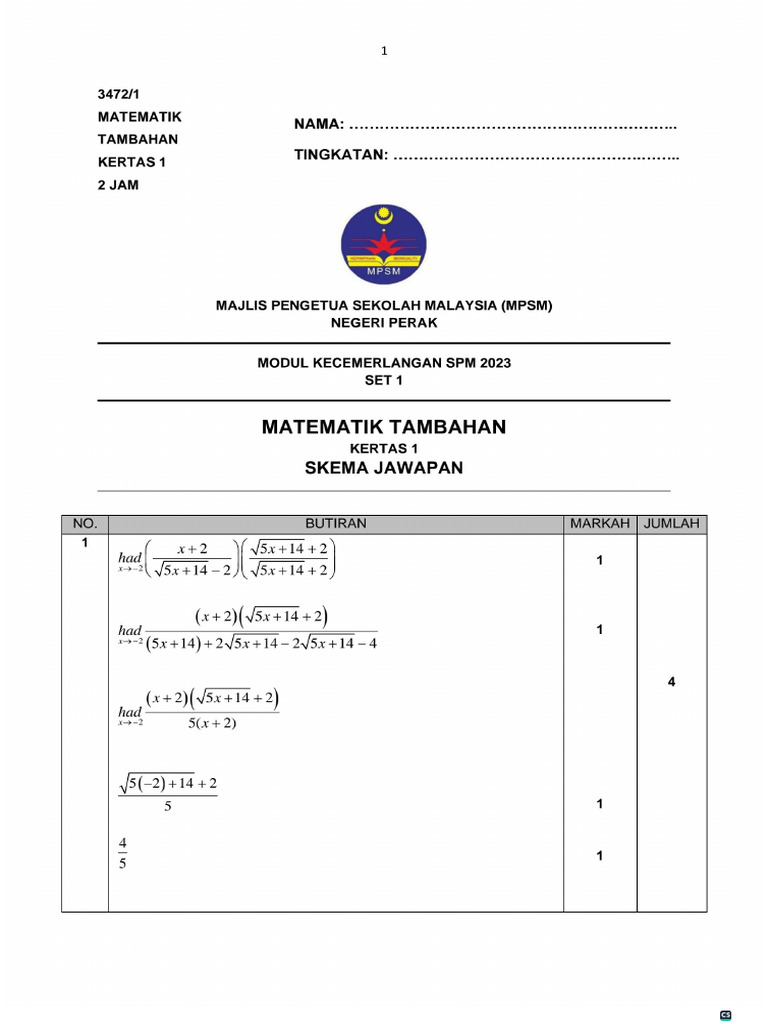 Skema Matematik Tambahan K1 Set 1 Trial Perak 2023 | PDF