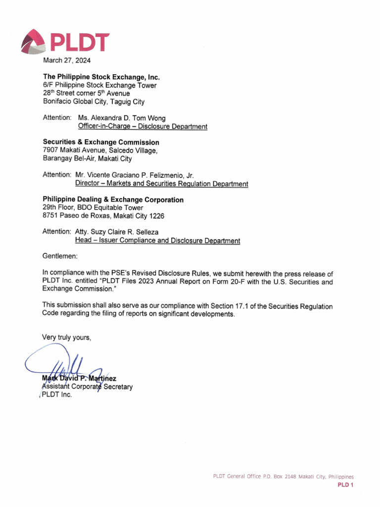 Pse - Sec - .Pdex - Press Release - PLDT Files 2023 Annual Report On Form 20-F With The U.S ...
