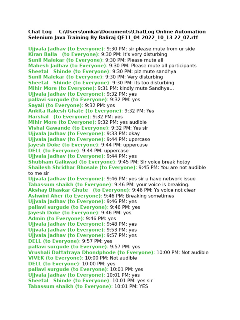 ChatLog Online Automation Selenium Java Training by Baliraj QE11 - 04 2022 - 10 - 13 22 - 07 | PDF