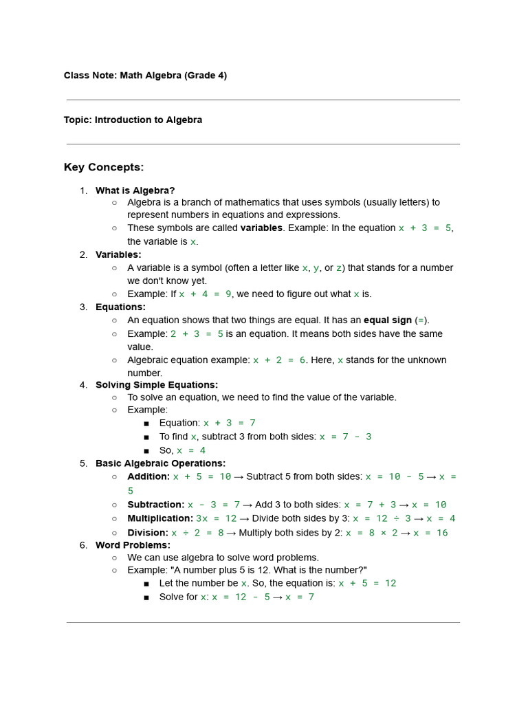 Class Note - Math Algebra (Grade 4) | PDF