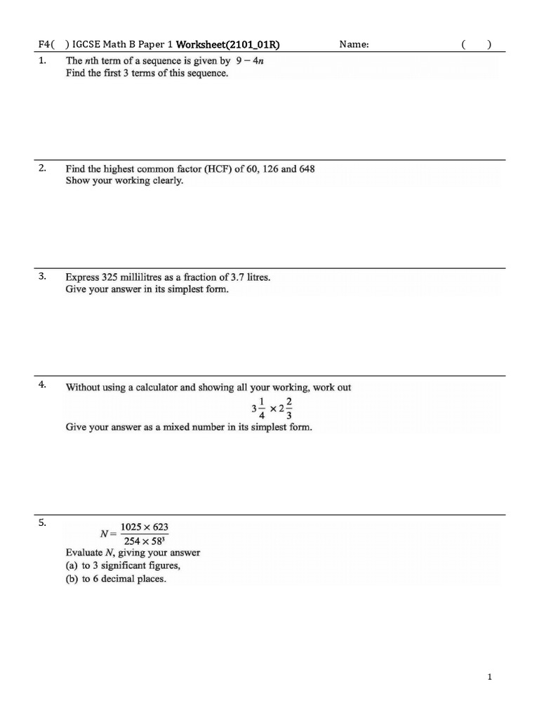 F4 Igcse Math B Paper 1 Worksheet (2101 - 01R) Name: 1 | PDF