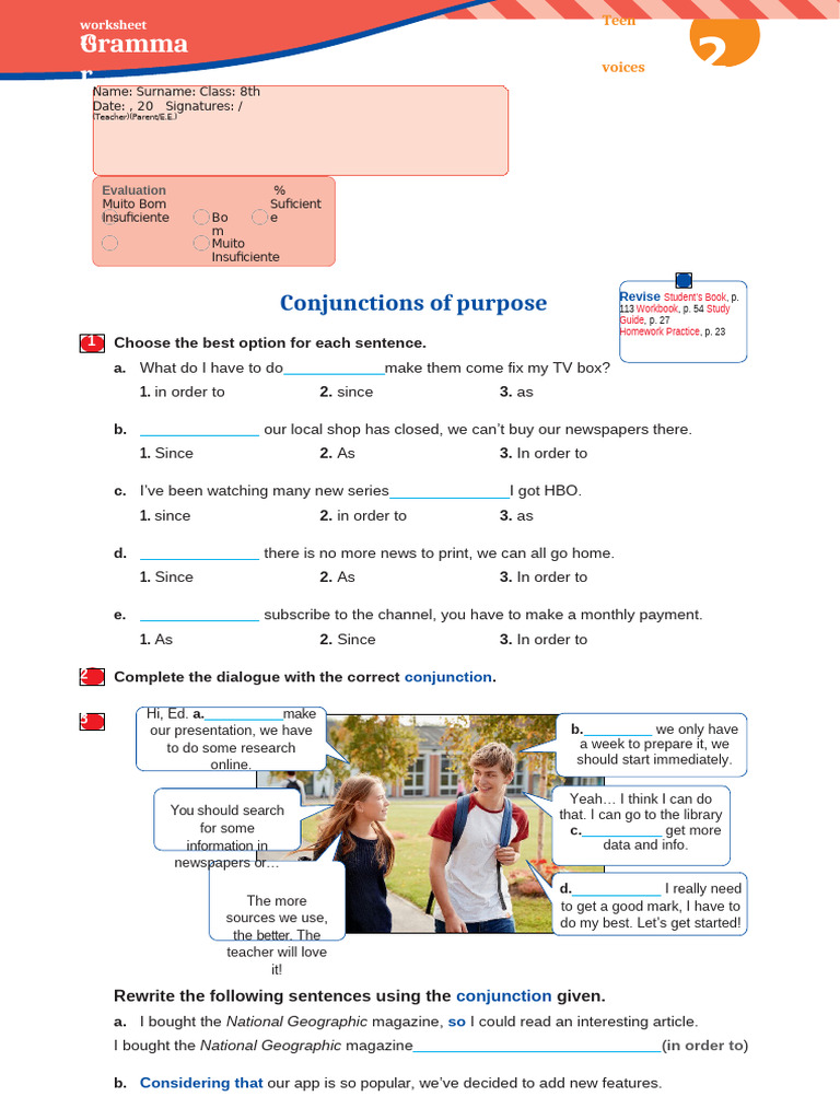 Enga8 Grammar Worksheet4 2 Conjunctions of Purpose | PDF