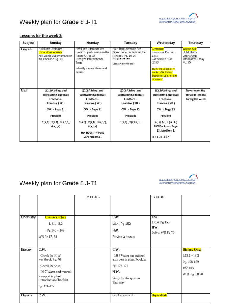 Grade 8 J Weekly Plan | PDF