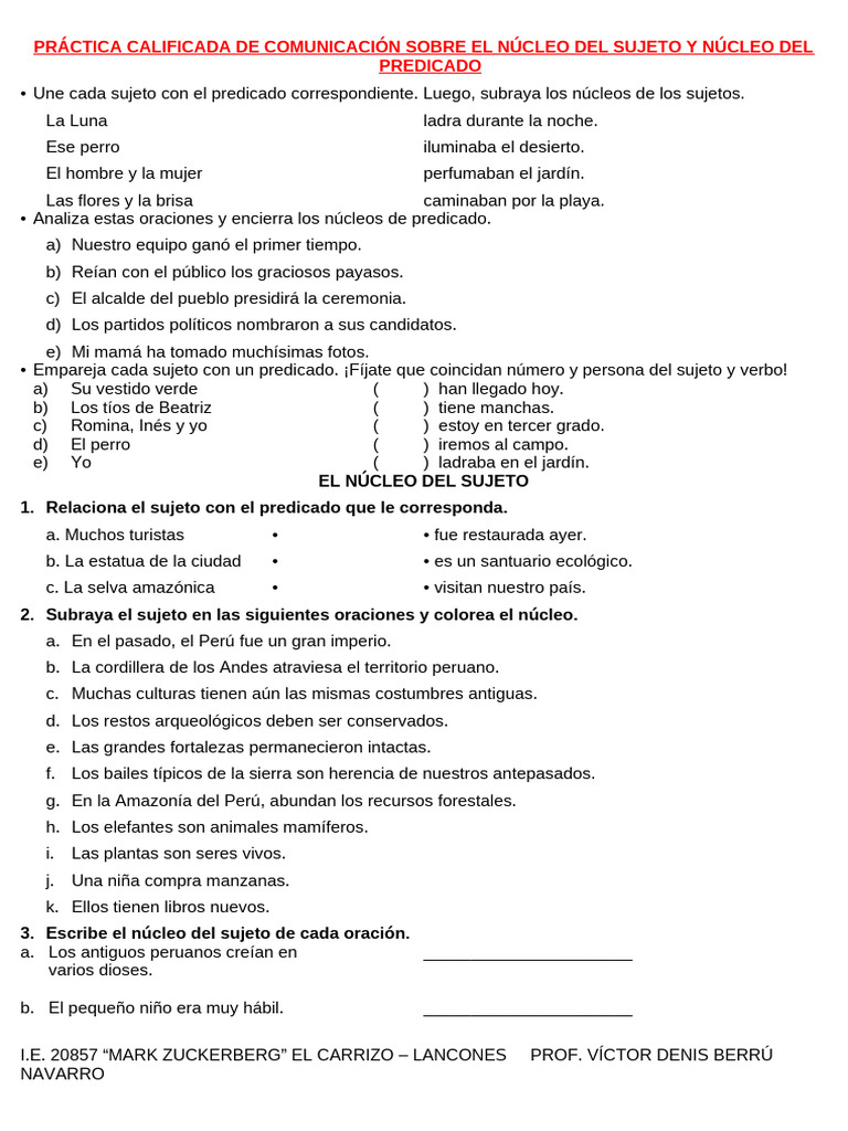 PRÁCTICA CALIFICADA DE COMUNICACIÓN SOBRE EL NÚCLEO DEL SUJETO Y NÚCLEO ...