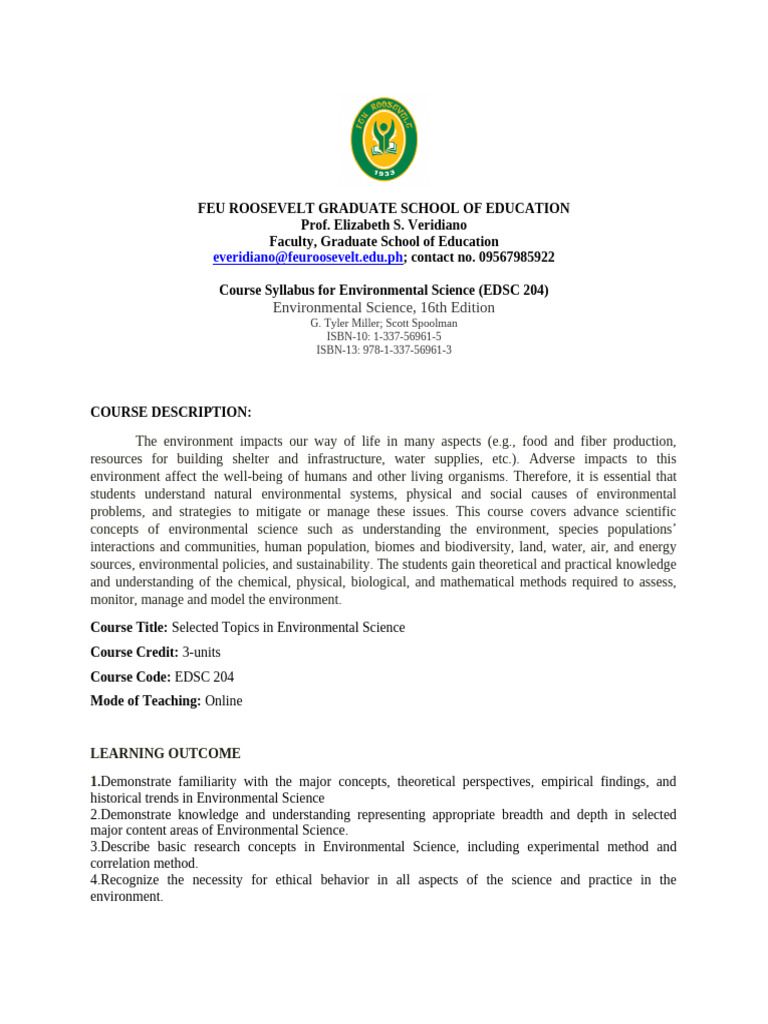 Syllabus Environmental Science 2023 by Miller and Spoolman | PDF