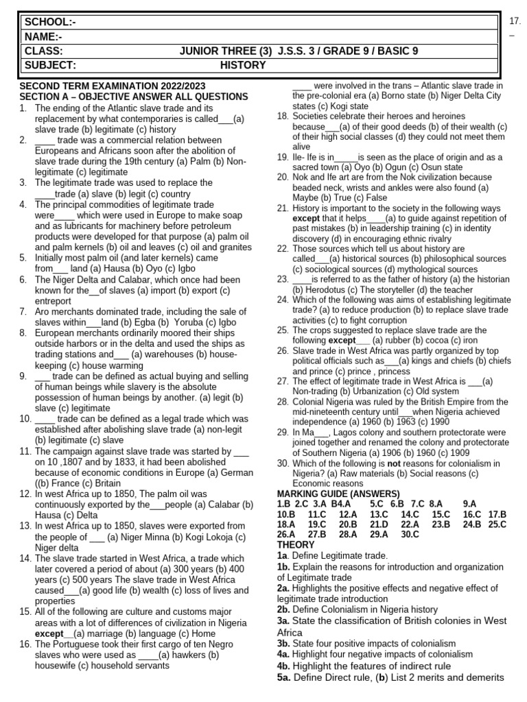 History JSS3 Edu-J 2ND T-Exam | PDF