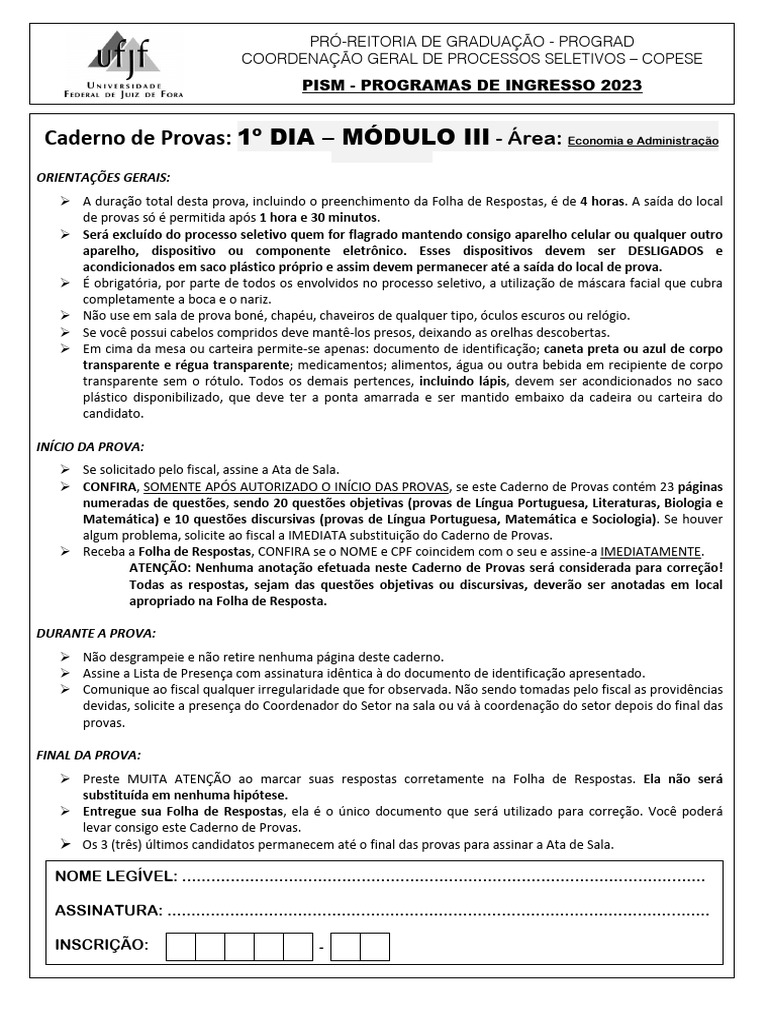 PROVA PISM 2023 DIA - 1 MÓDULO - III Economia | PDF