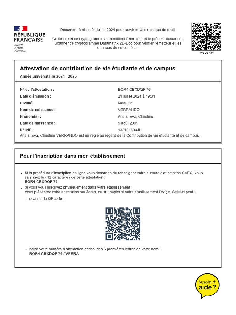Attestation Cvec | PDF
